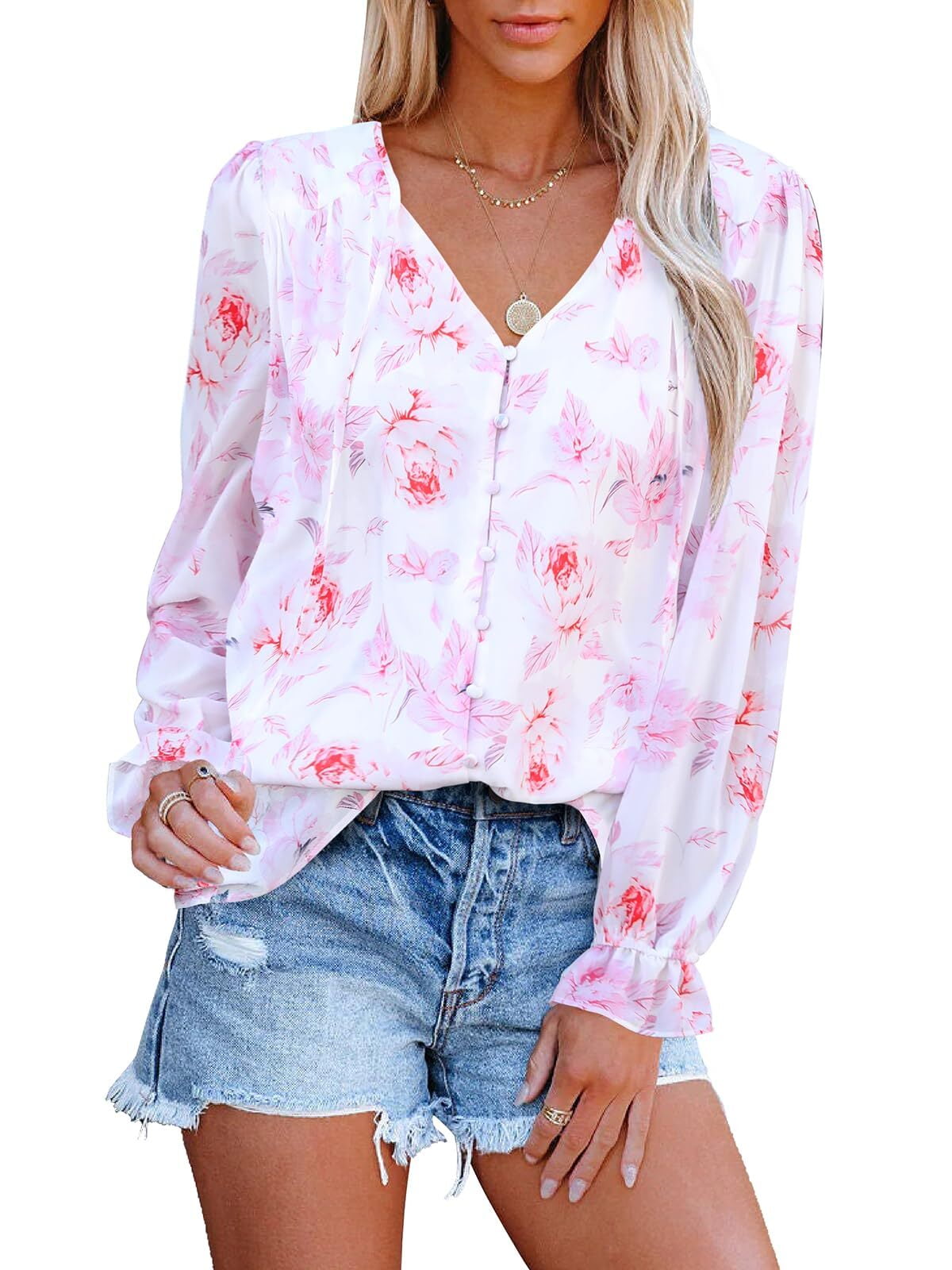 Siliteelon Boho Floral Blouses for Women Long Sleeve V Neck Chiffon ...