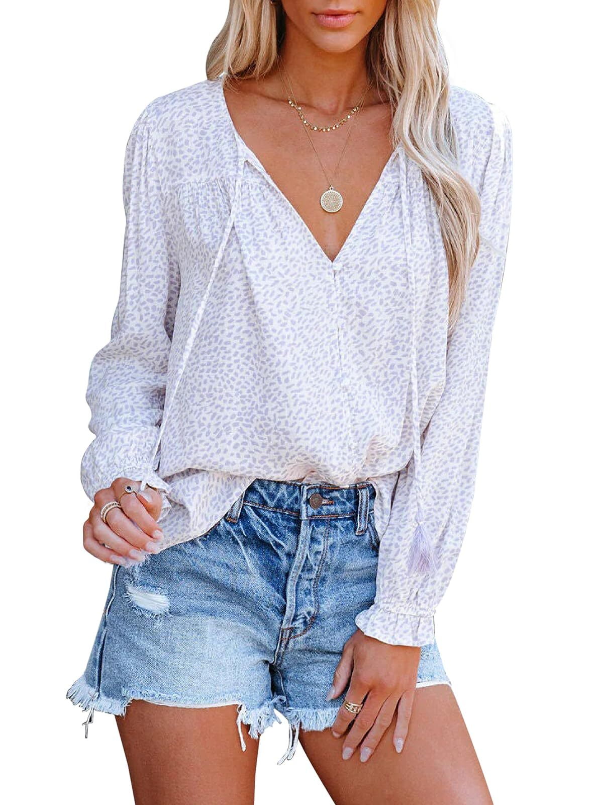Siliteelon Boho Floral Blouses for Women Long Sleeve V Neck Chiffon ...