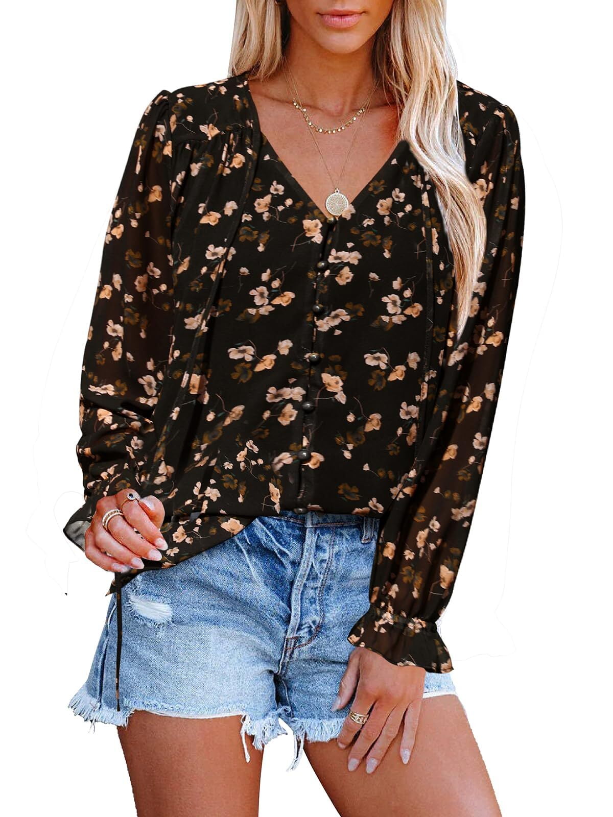 Siliteelon Boho Floral Blouses for Women Long Sleeve V Neck Chiffon ...
