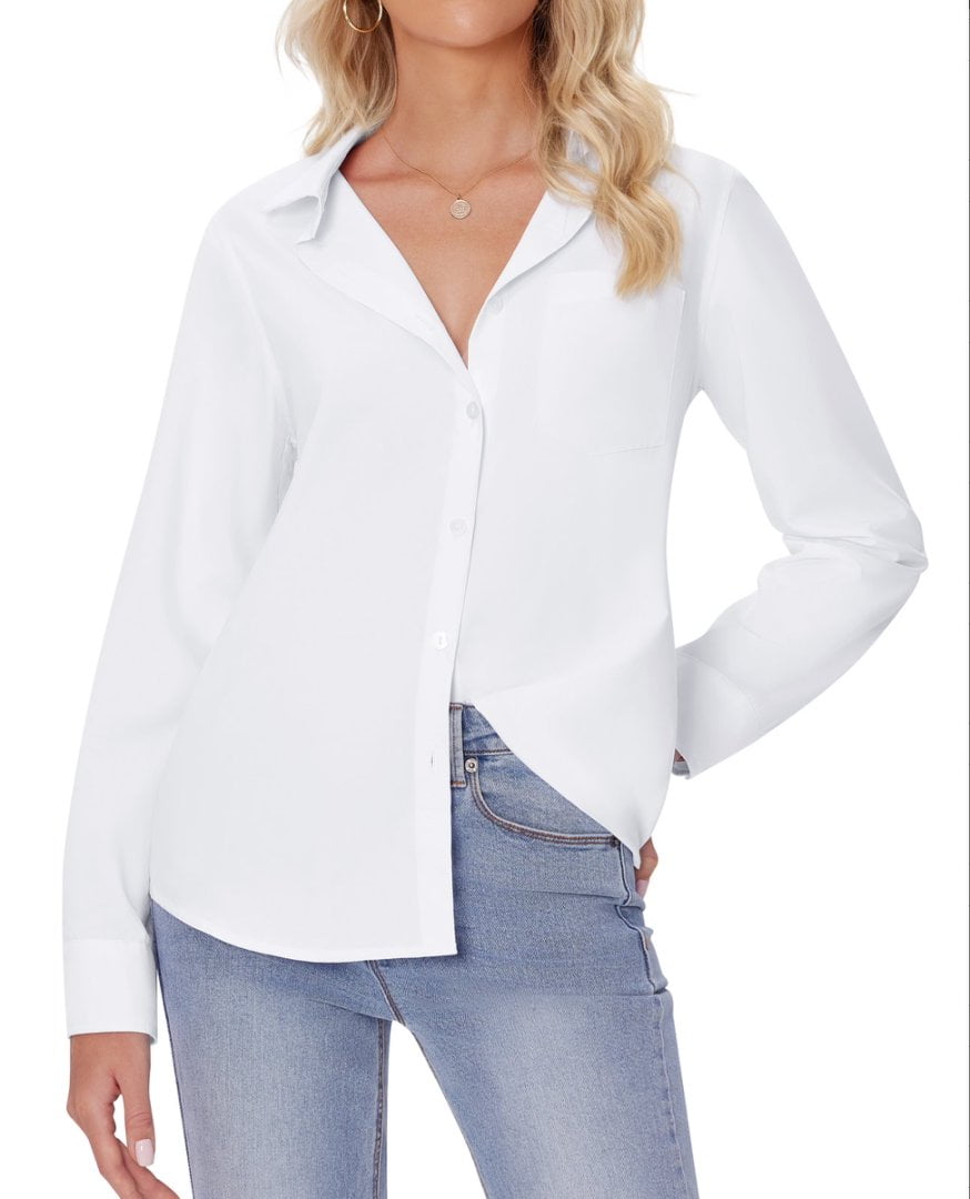 Siliteelon White Long Sleeve Button Down Shirt for Women Work Office ...