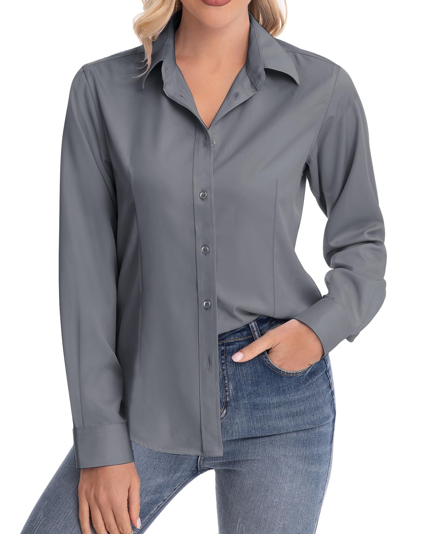 Siliteelon Women's Long Sleeve Button Down Shirts Wrinkle-Free Office ...