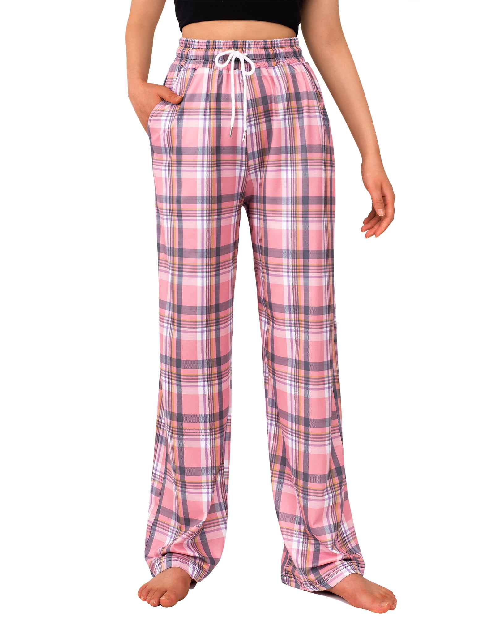 Siliteelon Women's Loose Cotton Plaid Pajama Pants with Drawstring ...