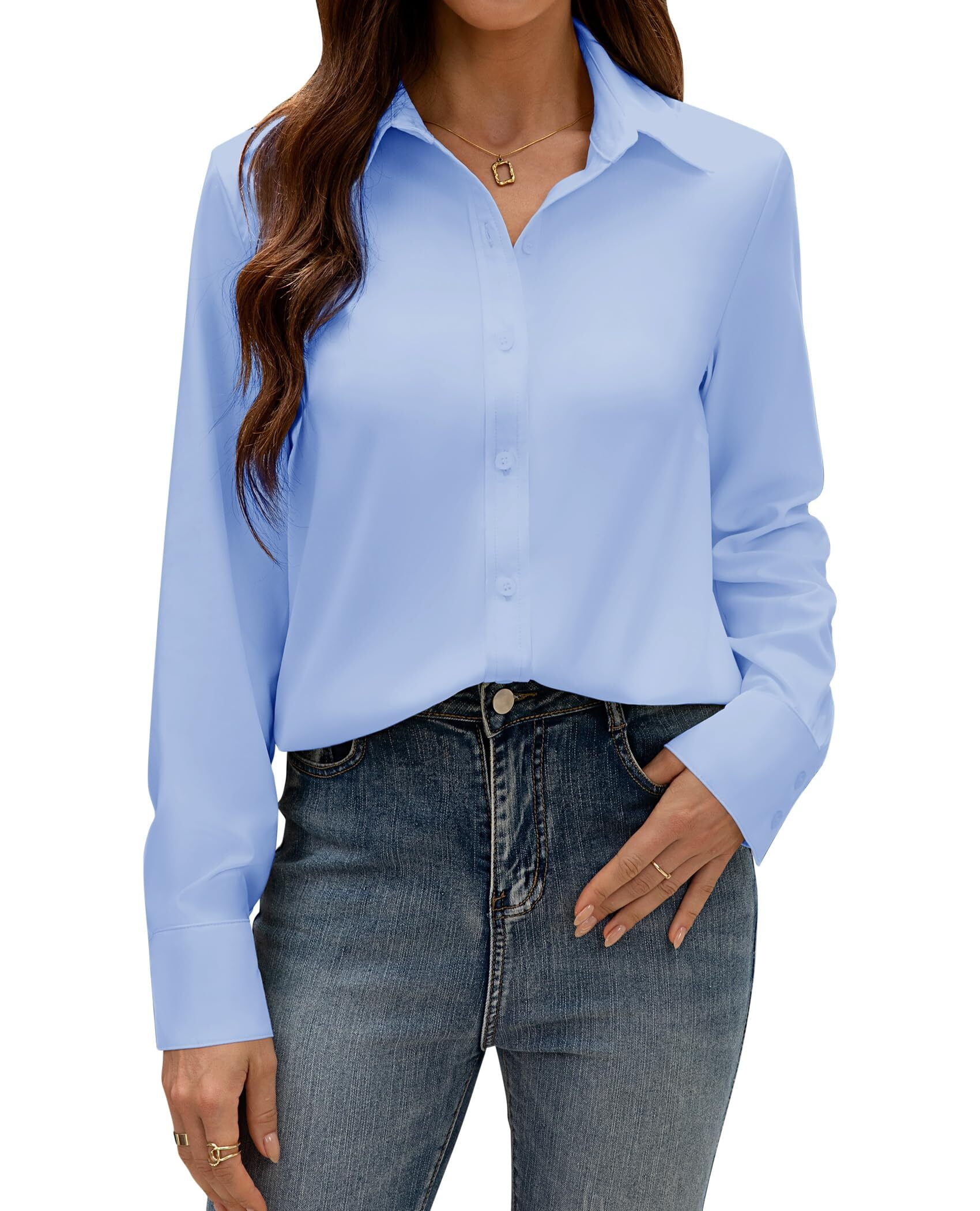 Siliteelon Womens Long Sleeve Button Down Shirts V Neck Work Blouses ...