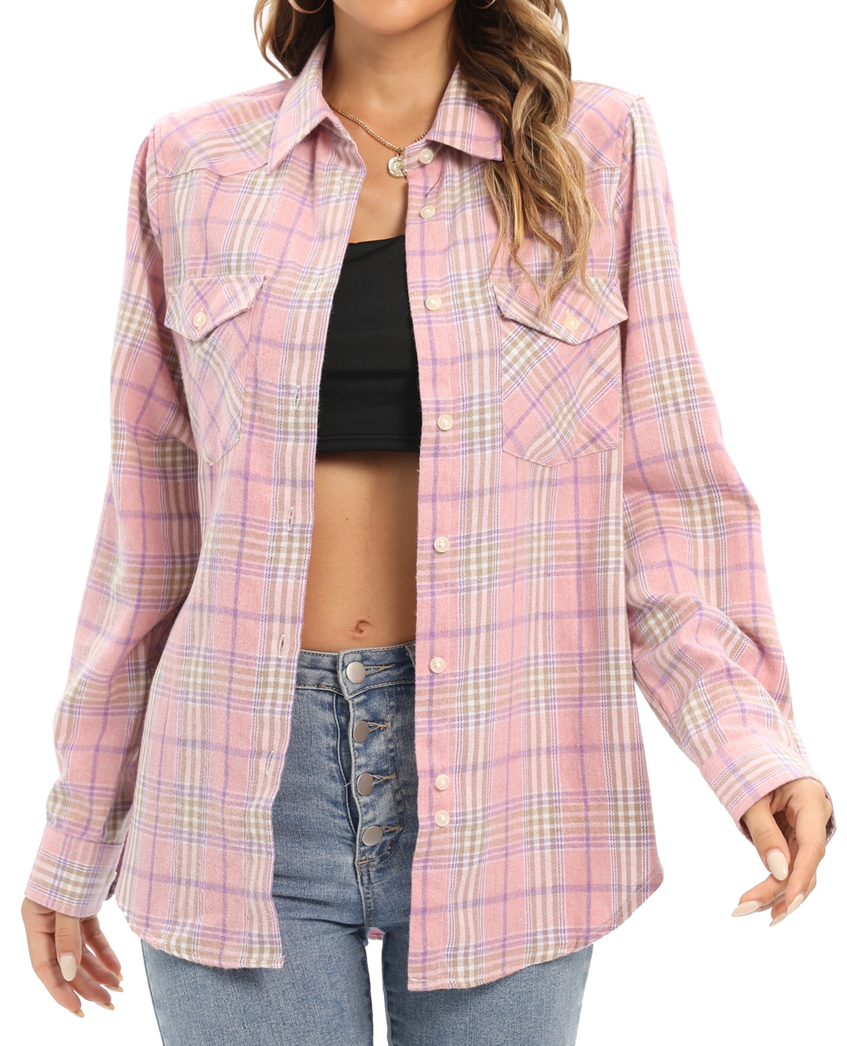 Siliteelon Womens Long Sleeve Flannel Plaid Shirt With Pockets Casual Cuffed Shirts