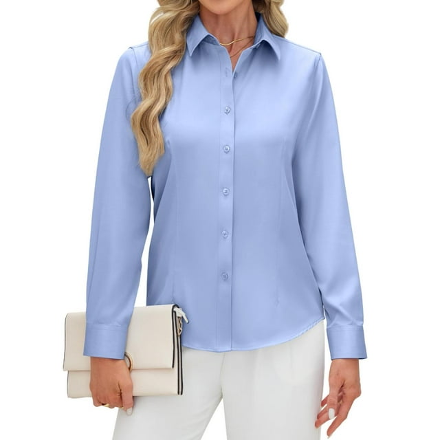 Siliteelon Womens Long Sleeve Work Blouse Wrinkle-Free Button Down ...