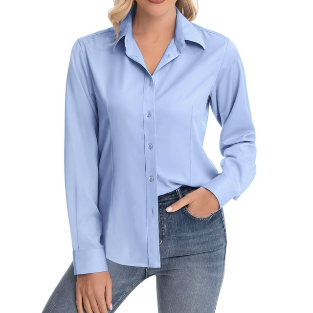 Siliteelon Womens Long Sleeve Work Blouse Wrinkle-Free Button Down ...