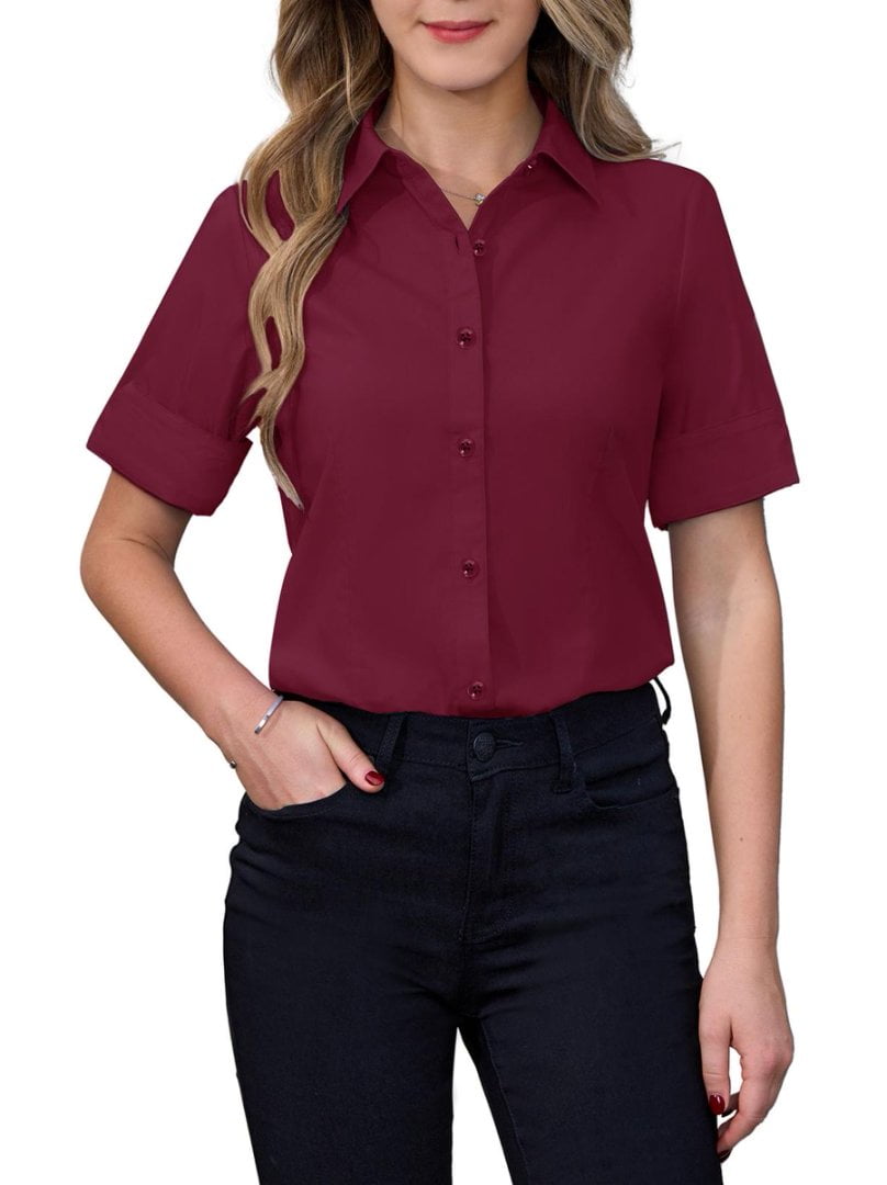 Siliteelon Womens Short Sleeve Work Blouses Cotton Button Down Shirts ...