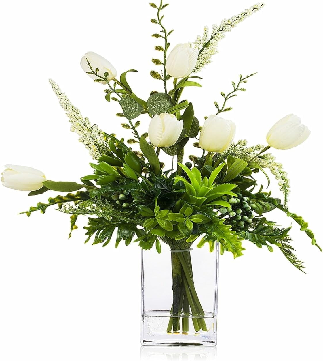 Silk Artificial Flower Mixed Greenery in Clear Glass Vase with Faux ...
