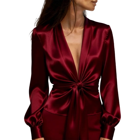 Silk Blouse for Women Elegant Wrap Satin Shirt V Neck Puff Sleeve Tie ...