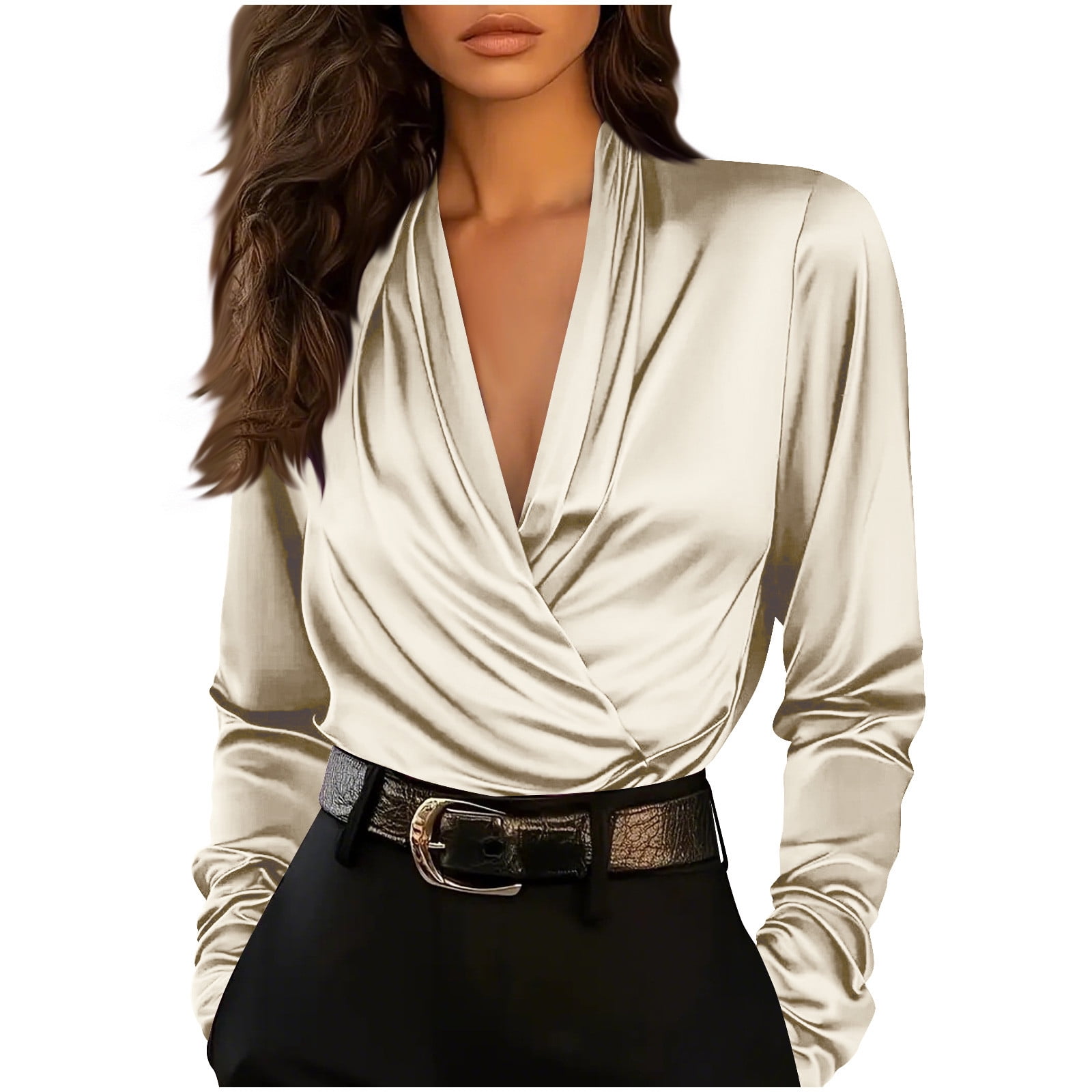 Silk Blouses for Women Dressy Casual Long Sleeve Work Shirts V Neck ...