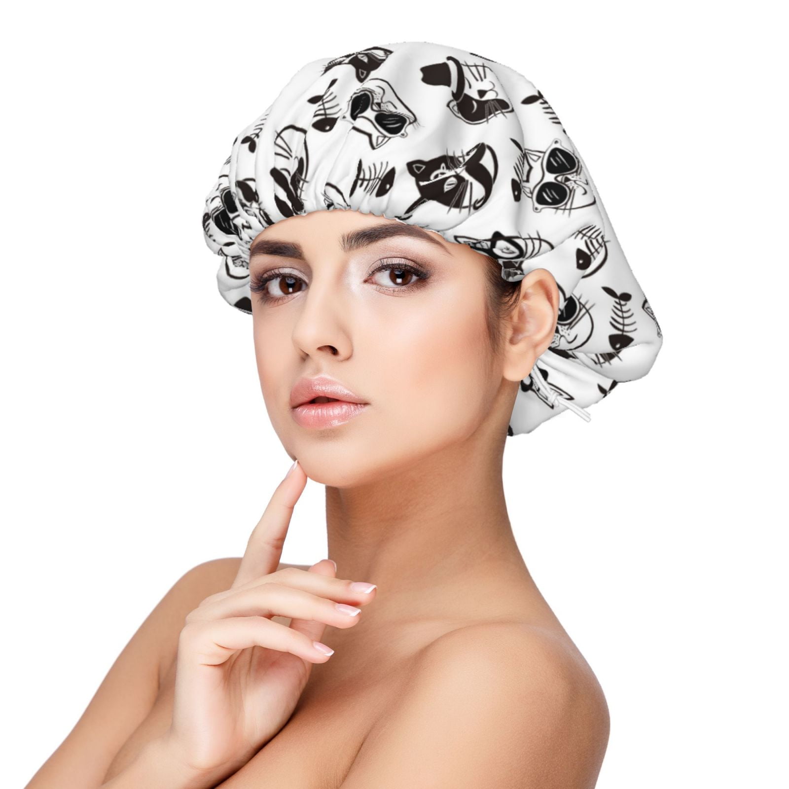 Silk Bonnet for Sleeping Women Men, Sketch Line Cute Cat Fish Bone Kawaii Adjustable Elastic ...