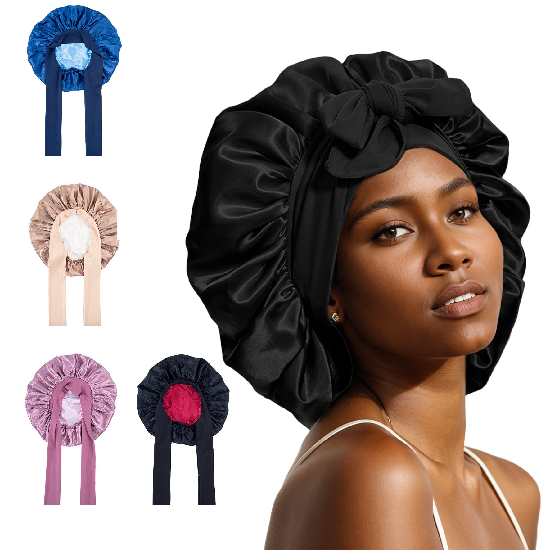 Silk Bonnet for Sleeping, Double Layer Hair Bonnet with Elastic Tie ...