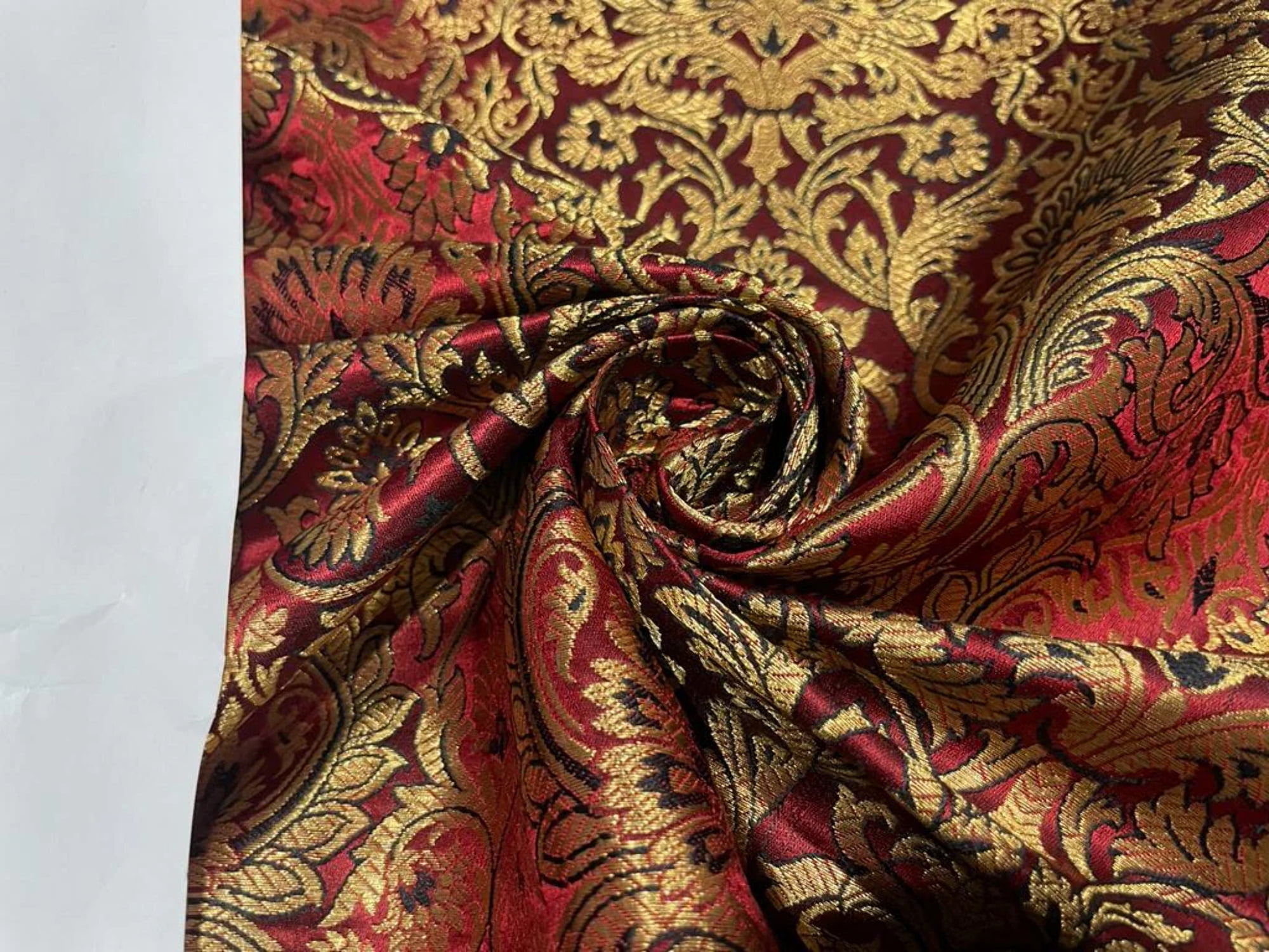 Silk Brocade fabric Red with metallic gold, red and black jacquard ...