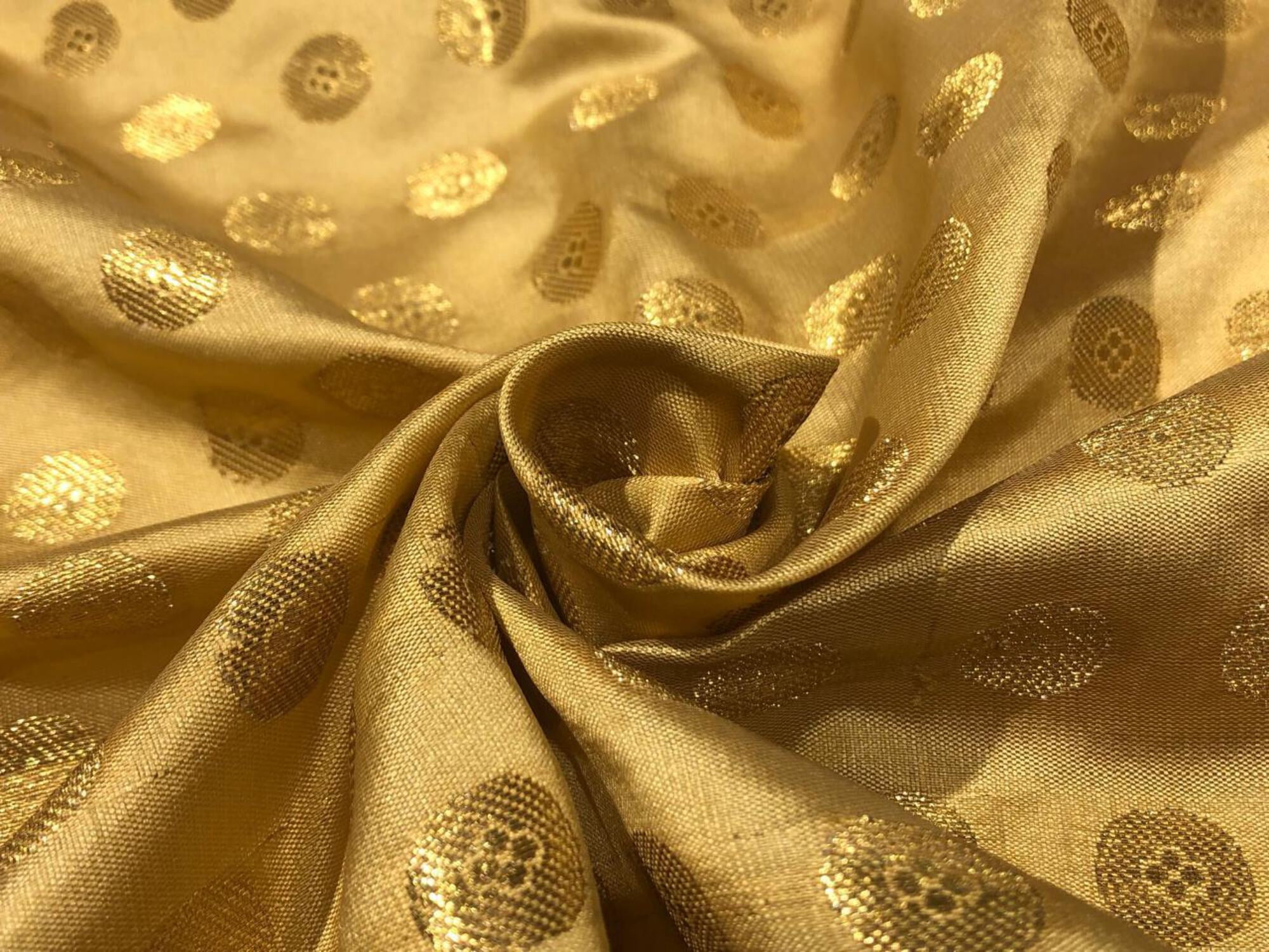 Silk Brocade fabric with Metallic gold circle motif Jacquard 44" wide ...