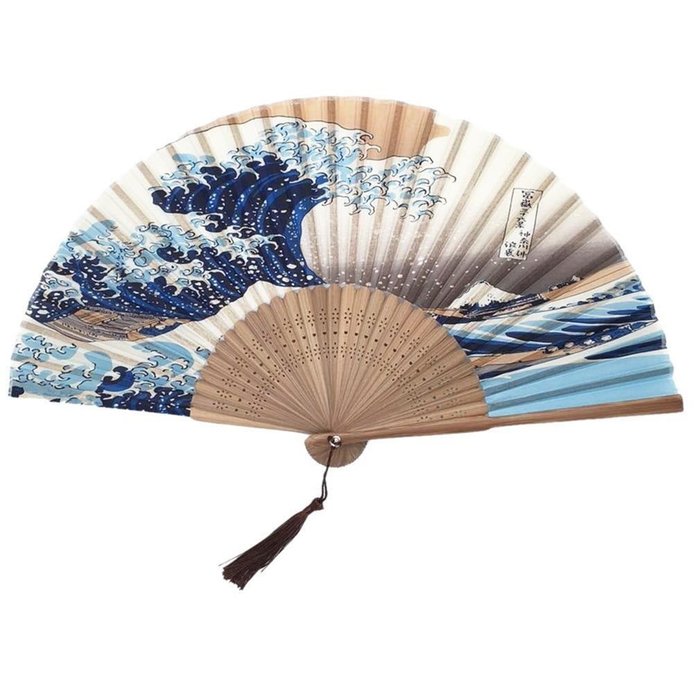 Silk Fan Japanese Folding Bamboo Fan Kanagawa Wave Pattern Party Dance ...
