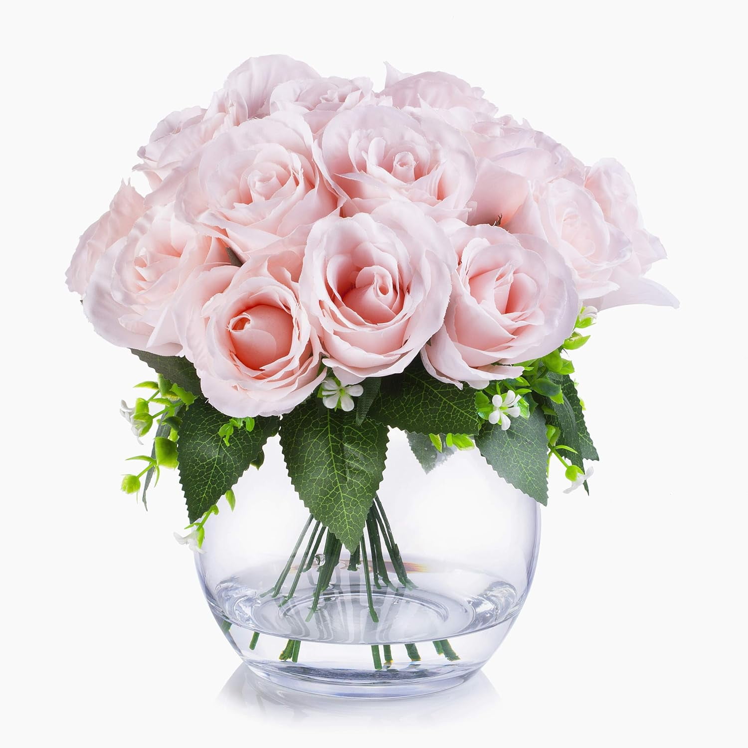 Silk Open Rose Flower Arrangement in Round Glass Vase with Faux Water ...