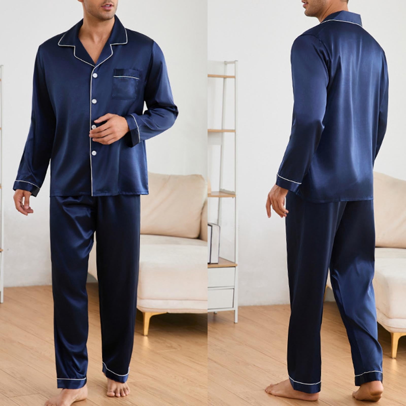 Silk Pajama Sets for Men with Pockets 2 Piece Loungewear Outfits Mens ...