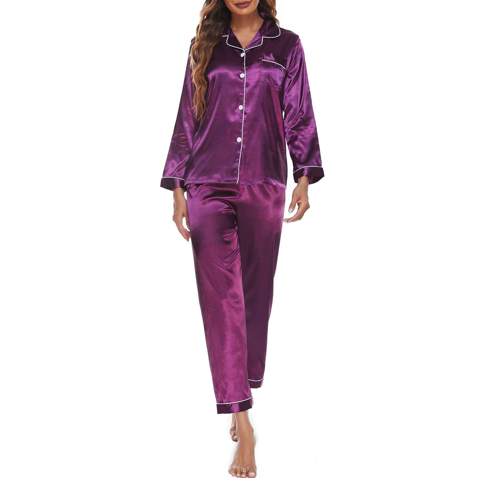 Silk Pajama for Women 2 Piece Long Sleeve Button Down and Pants Lounge ...
