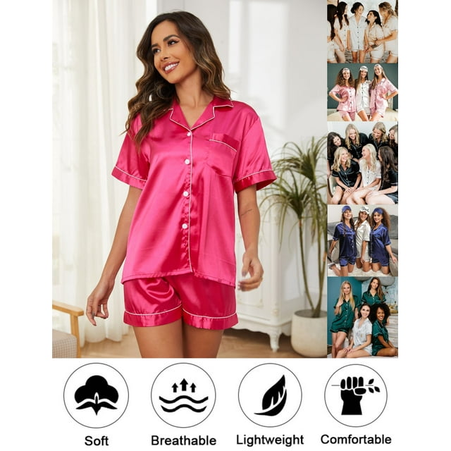 Silk Pajamas Set for Women Short Sleeve Satin Pajamas Set Silk Satin Button Down Pajamas Set Two ...