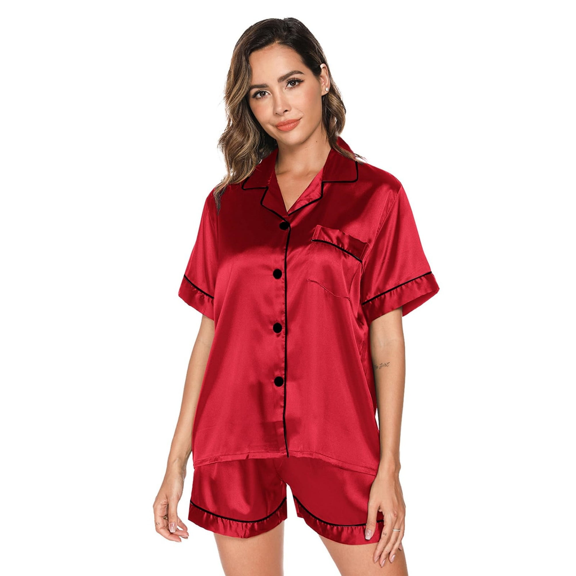 Short Sleeve Satin Pajama Set for Women - Button Down Sleepwear Top ...