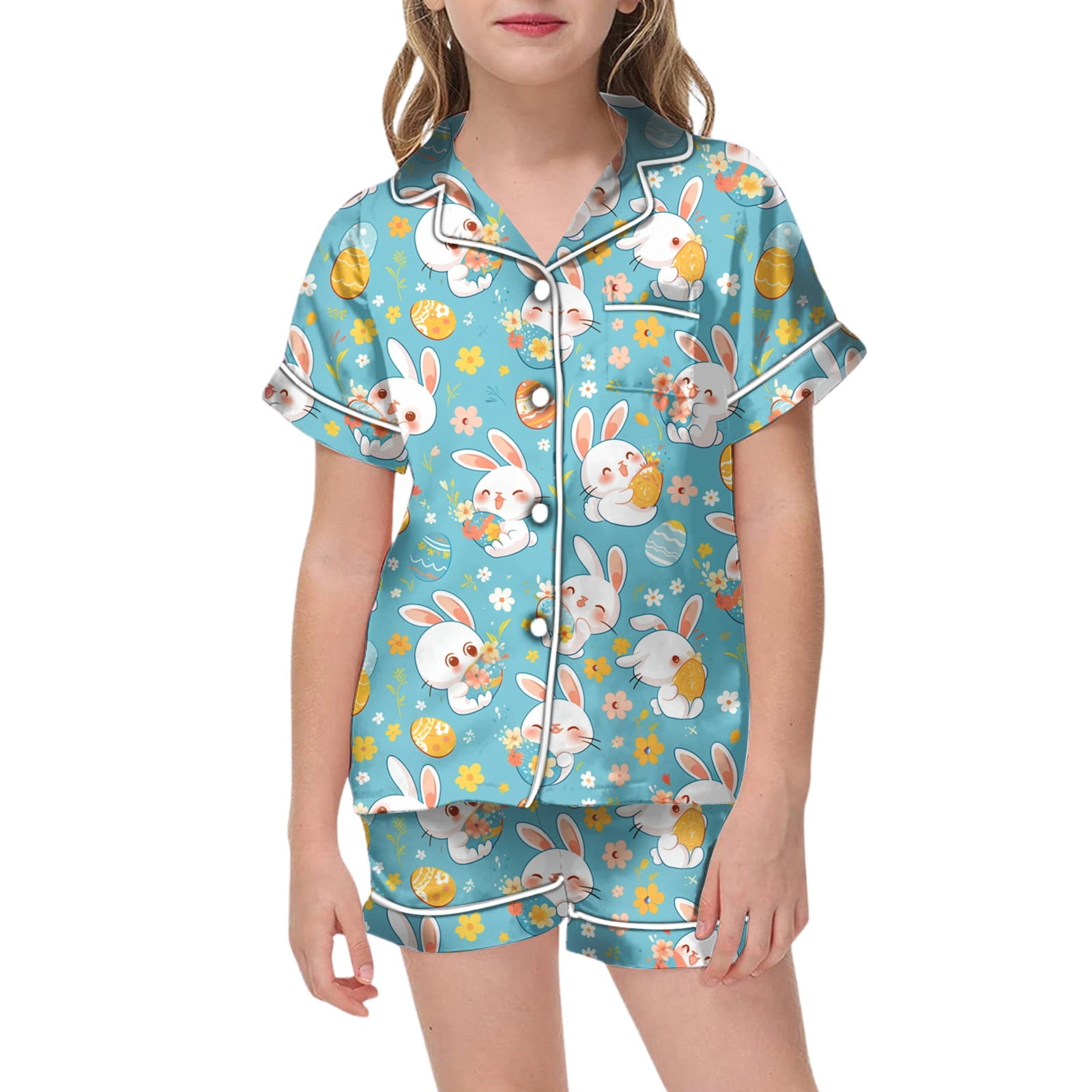 Silk Pajamas for Teen Girls 2 Pieces Easter Pjs Button Down with Shorts ...