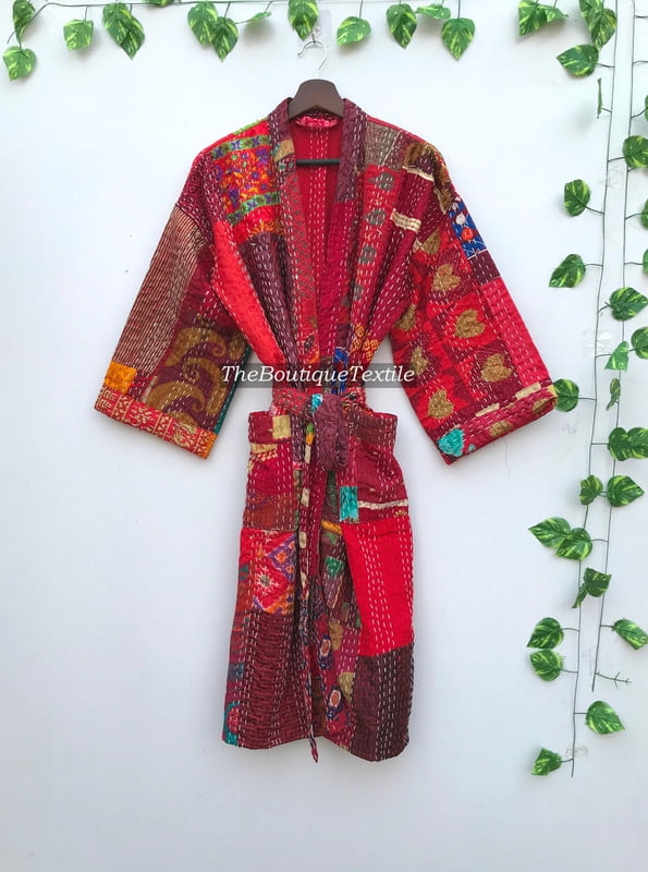 Silk Patchwork Kantha Kimono, Handmade Kimono, Bath Robe, Indian Kantha ...