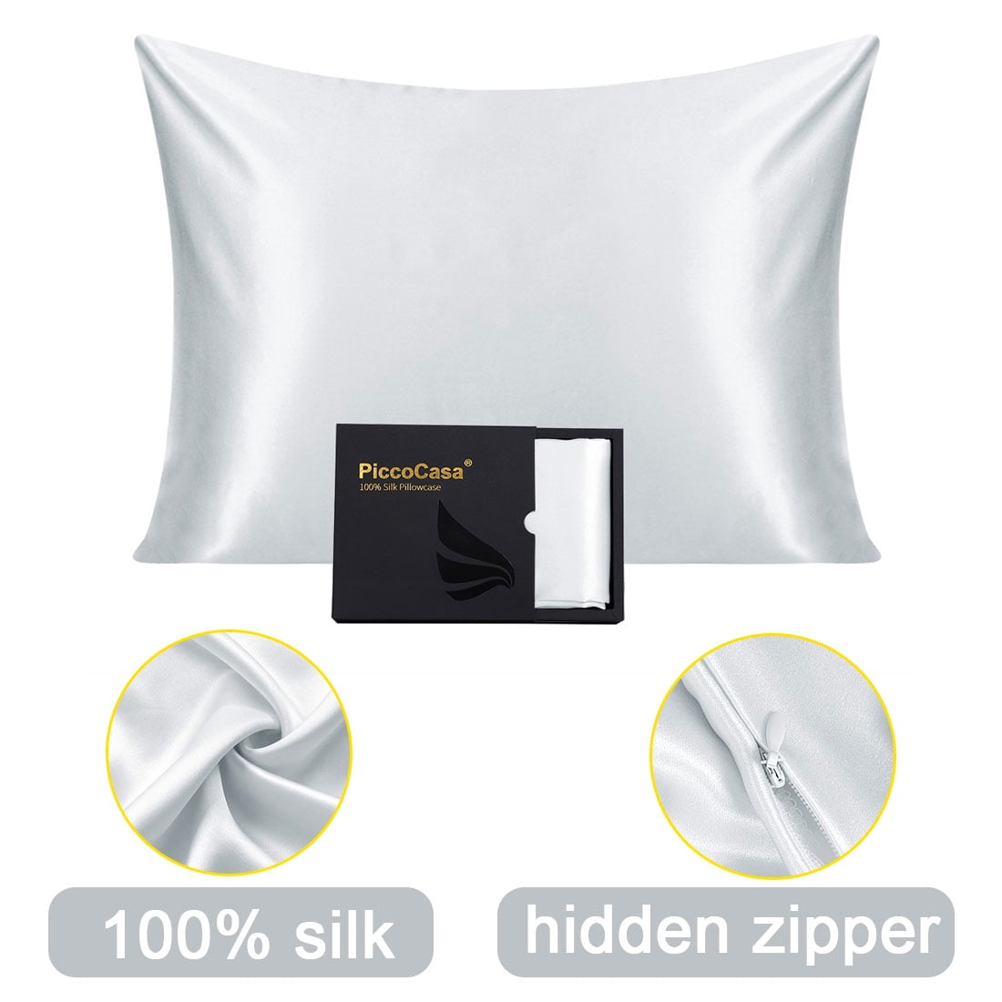 Silk Pillowcases for Hair and Skin with Zipper Closure King Silver Grey ...
