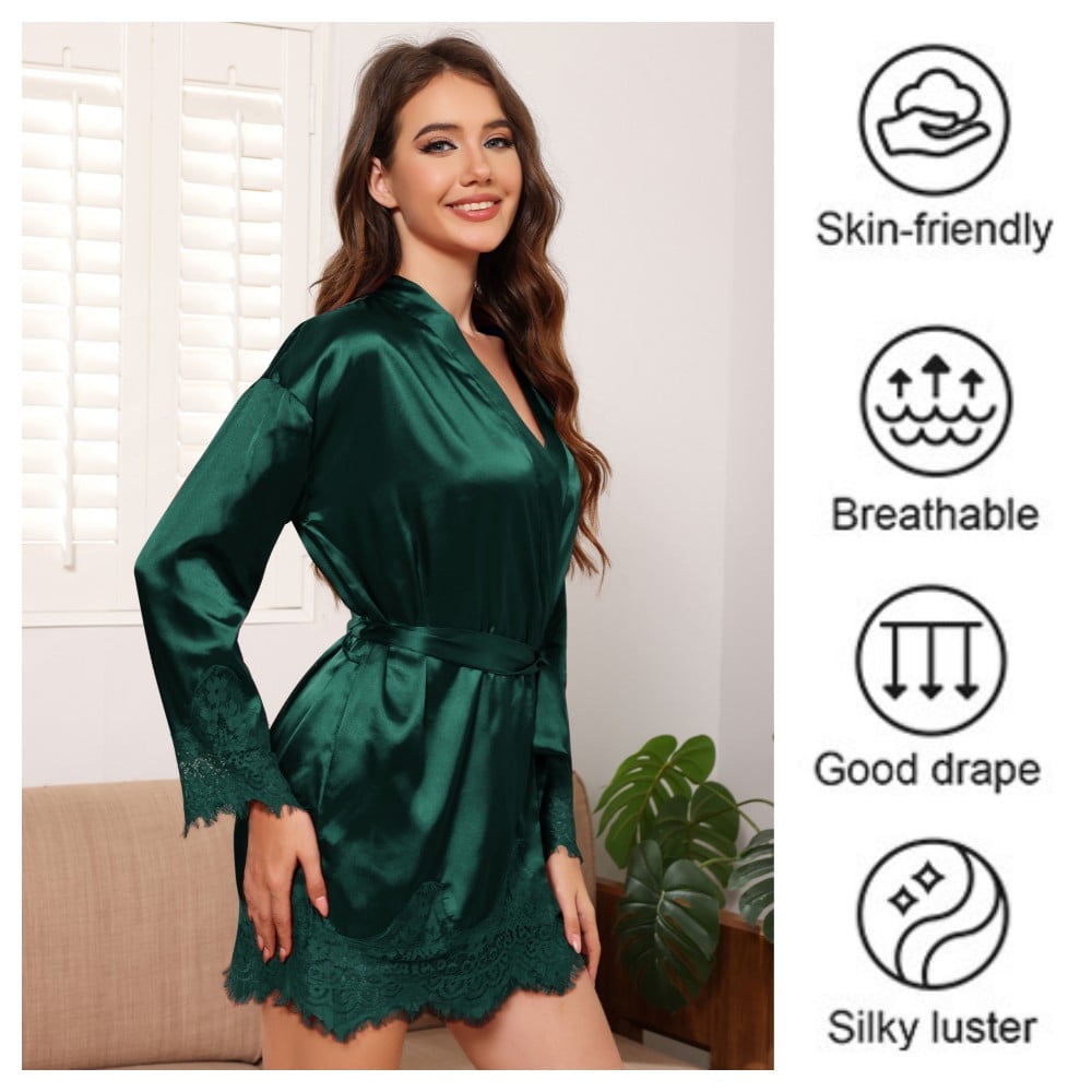 Silk Robes for Women Sexy Satin Robes Women's Lace-Trim Silk Robes 3/4 ...