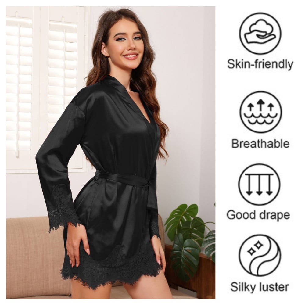 Silk Robes for Women Sexy Satin Robes Women's Lace-Trim Silk Robes 3/4 ...