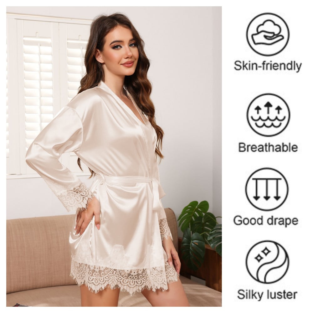 Silk Robes for Women Sexy Satin Robes Women's Lace-Trim Silk Robes 3/4 ...