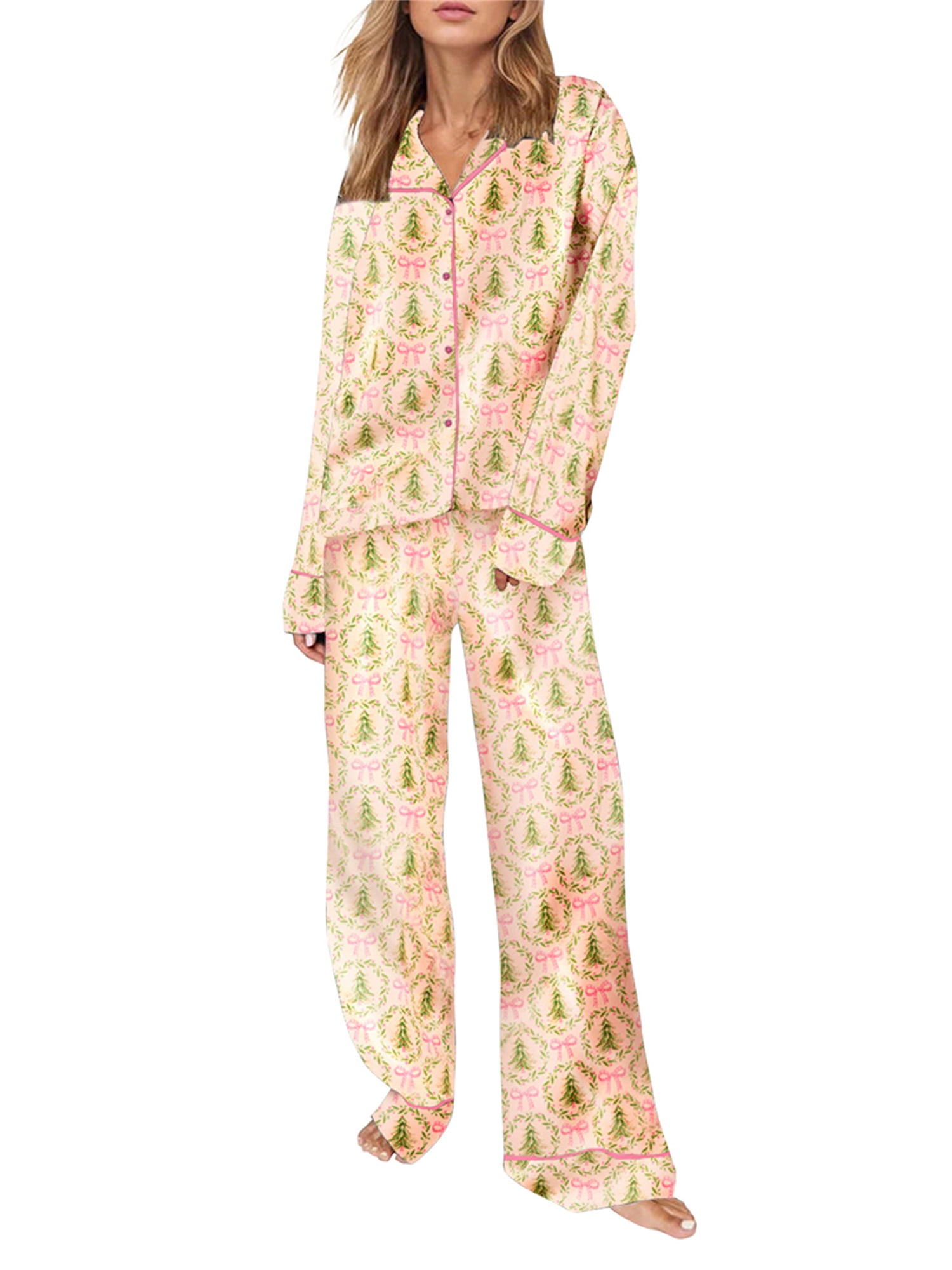 Silk Satin Christmas Pajamas Set Women Long Sleeve Sleepwear Soft ...