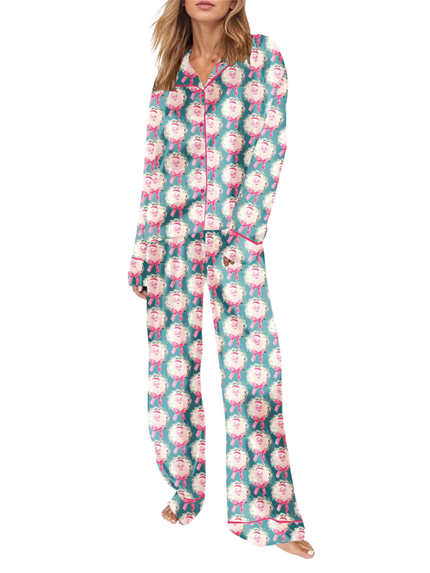 Silk Satin Christmas Pajamas Set Women Long Sleeve Sleepwear Soft ...