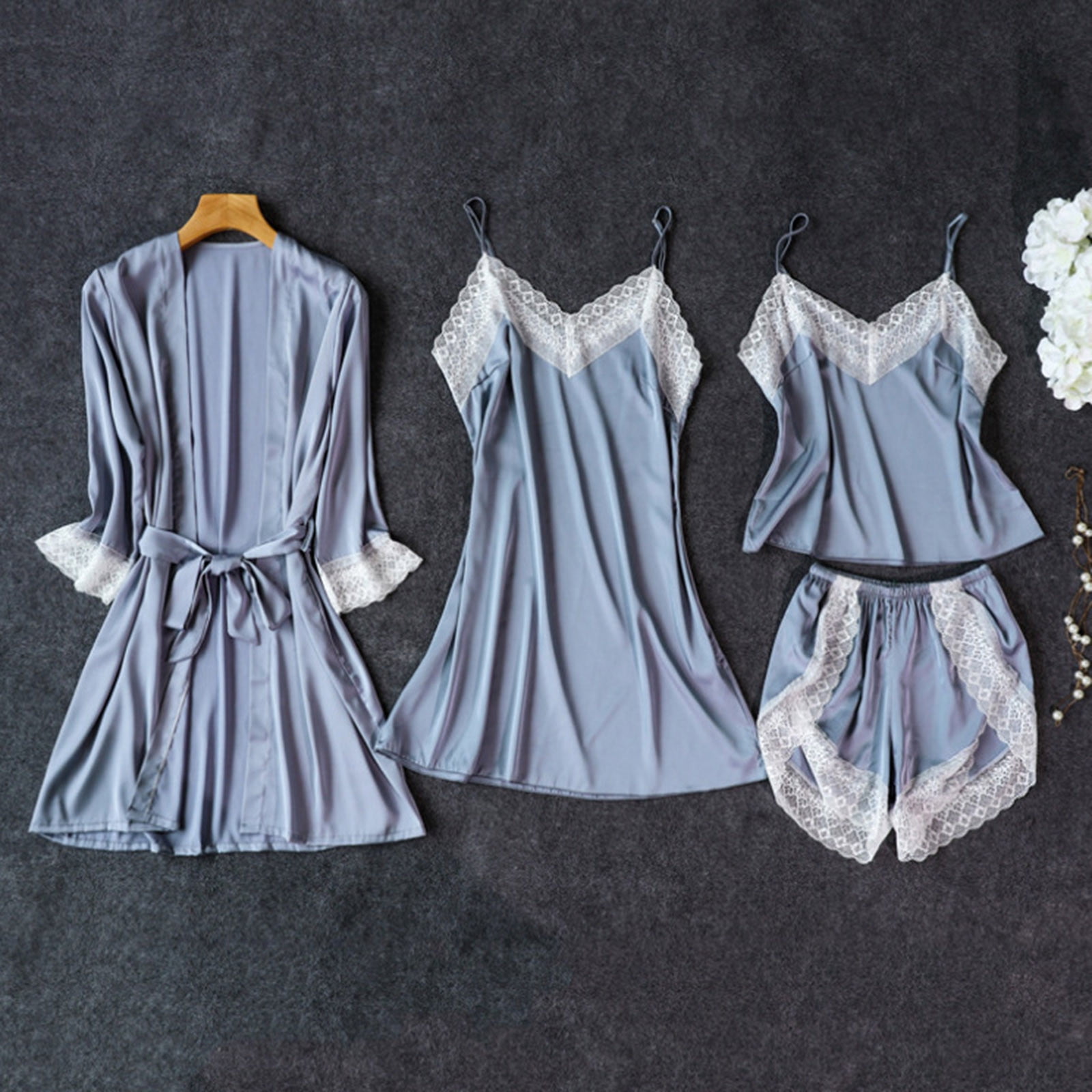 Silk Satin Pajama Set For Women Soft Nightwear Lace Tank Tops Shorts ...