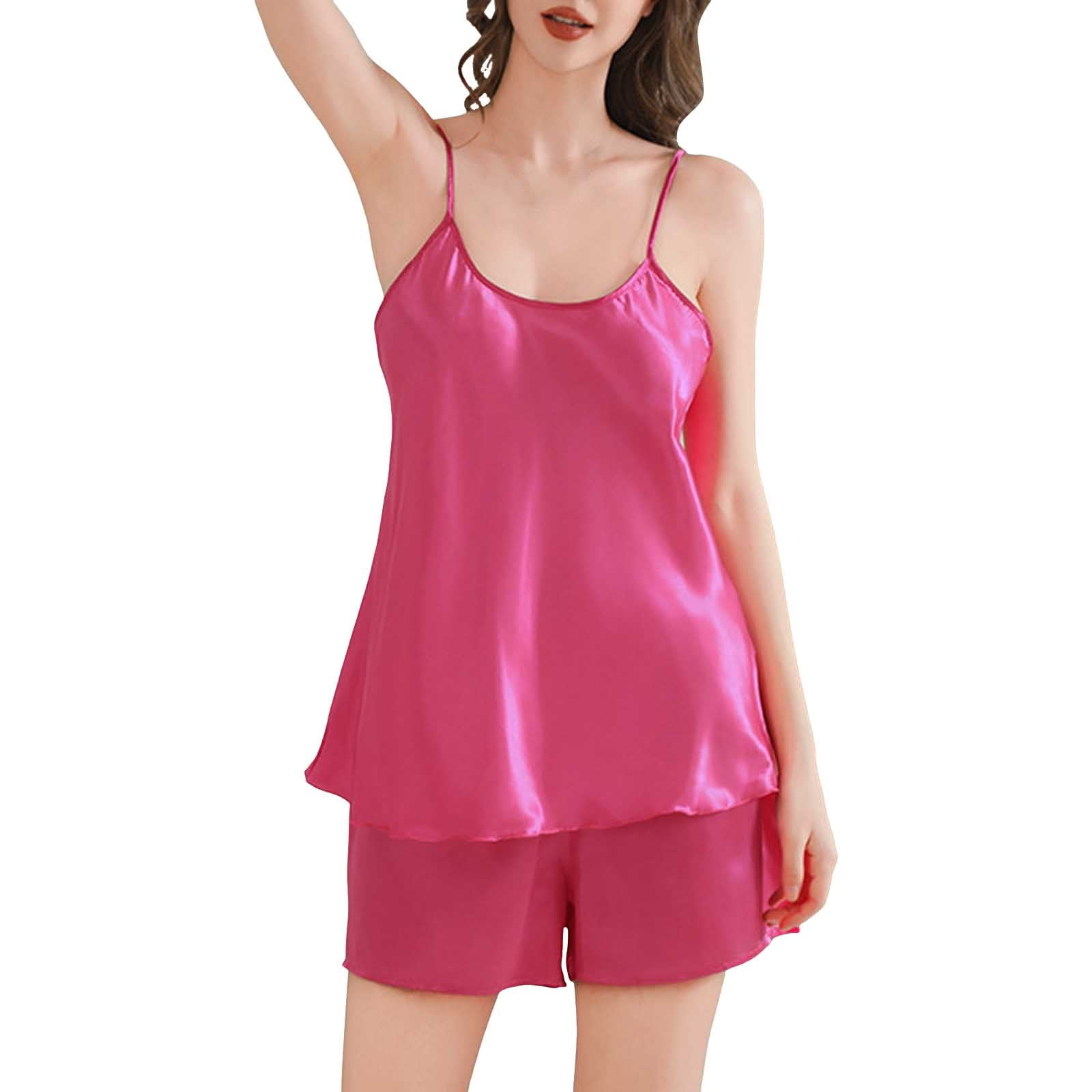 Silk Satin Pajama Set for Women Two Piece Camisole Top and Shorts Lounge Sets for Women Fashion ...