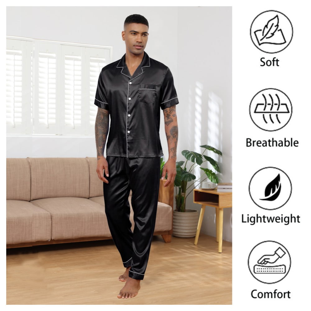 Silk Satin Pajama Sets for Men Short Sleeve Button-Down Pajamas for Men ...