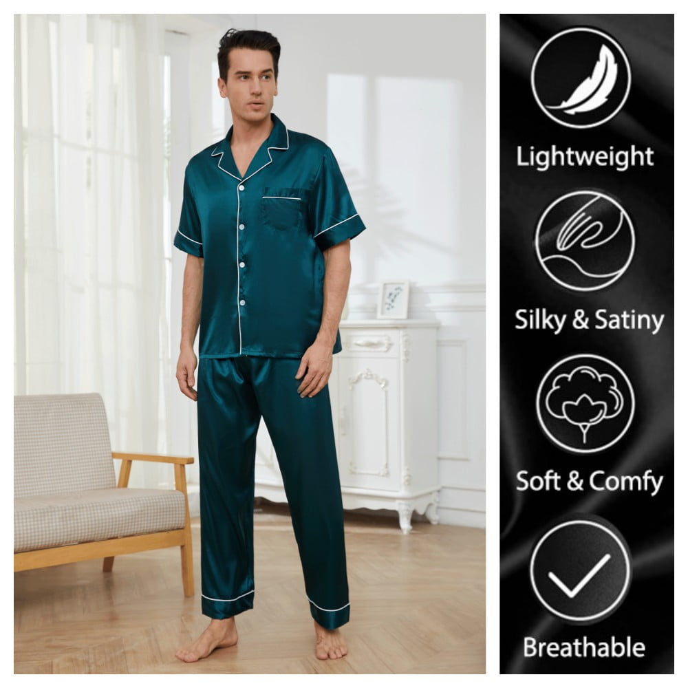 Silk Satin Pajama Sets for Men Short Sleeve Button-Down Pajamas for Men ...