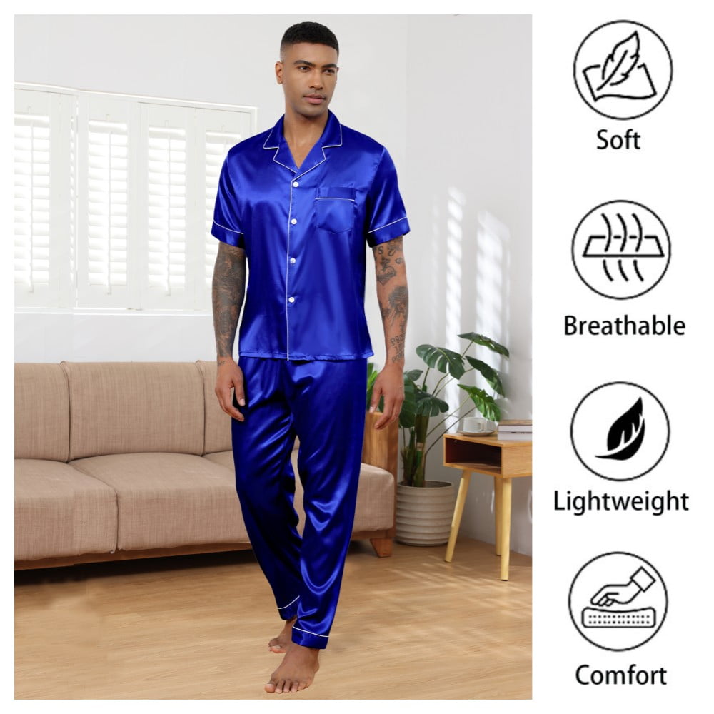 Silk Satin Pajama Sets for Men Short Sleeve Button-Down Pajamas for Men ...
