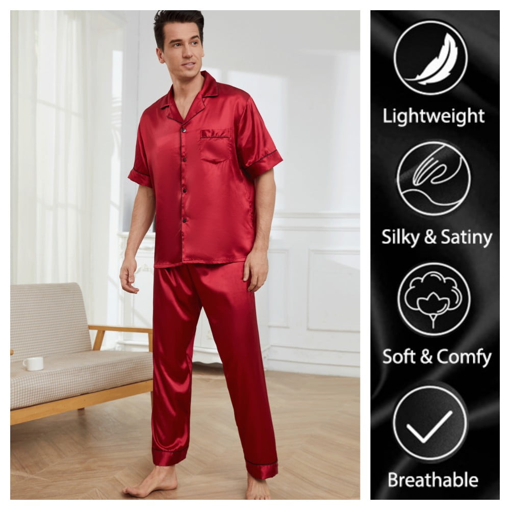 Silk Satin Pajama Sets for Men Short Sleeve Button-Down Pajamas for Men ...