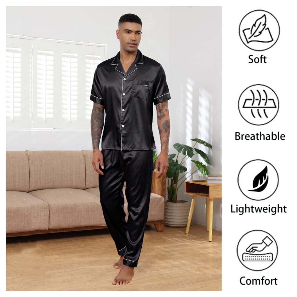 Silk Satin Pajama Sets for Men Short Sleeve Button-Down Pajamas for Men ...