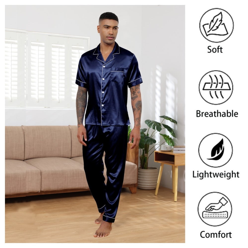 Silk Satin Pajama Sets for Men Short Sleeve Button-Down Pajamas for Men ...