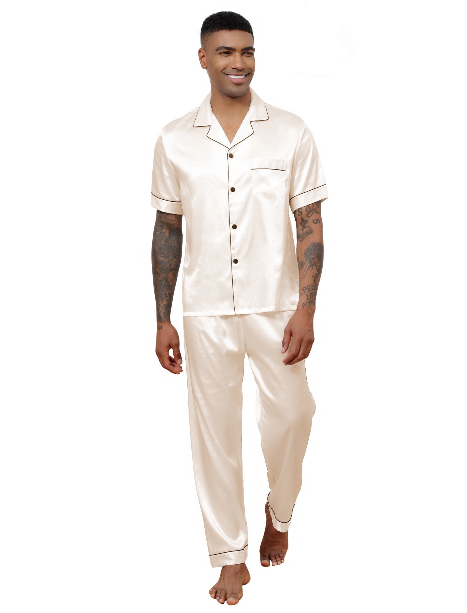 Silk Satin Pajama Sets for Men Short Sleeve Button-Down Pajamas for Men ...