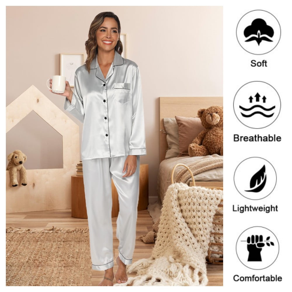 Silk Satin Pajama Set for Women, Long Sleeve Button Down Nightwear ...