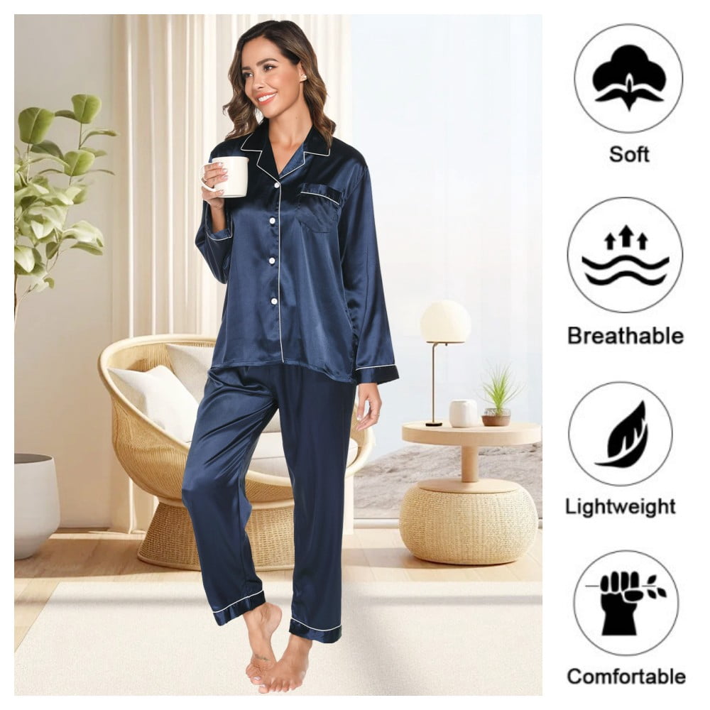 Silk Satin Pajama Sets for Women Long Sleeve Button Down Pajama Set 2 ...