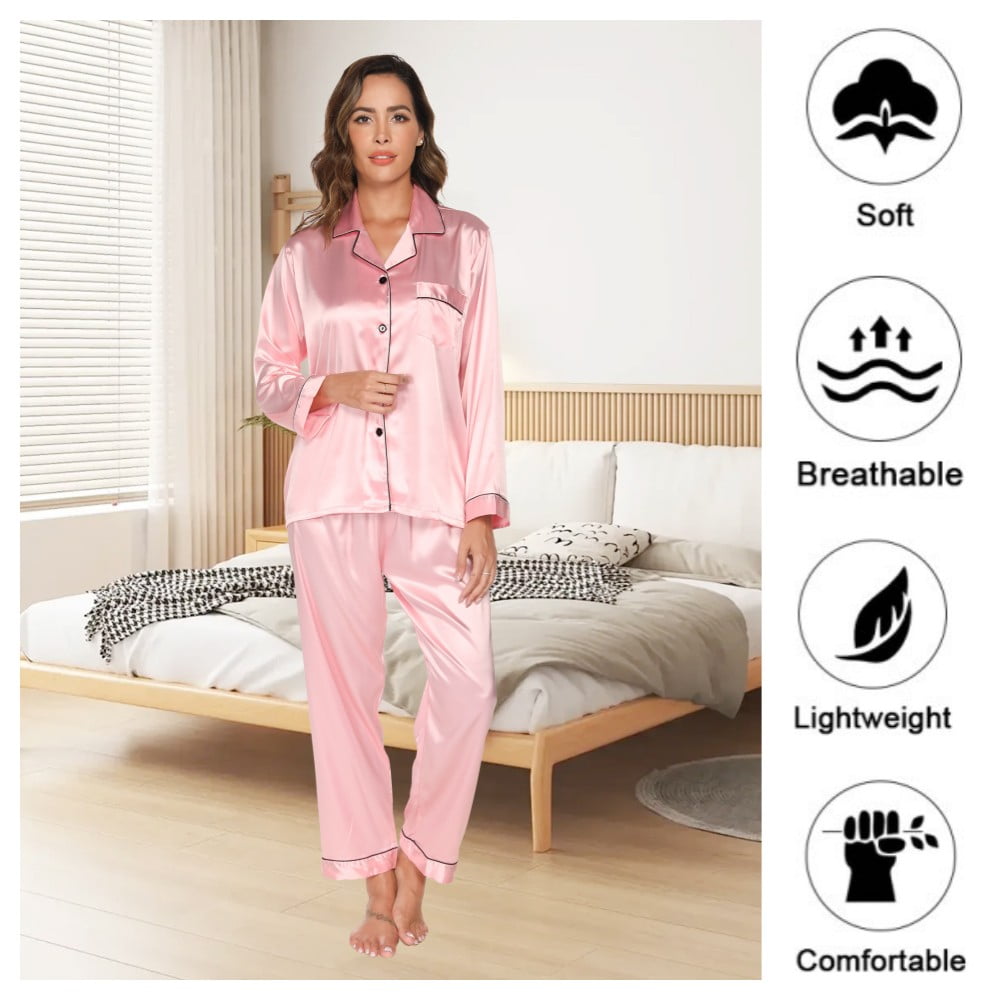 Women's XL Silk Satin Pajama Sets, Long Sleeve Sleeping Wear, 2 Piece ...
