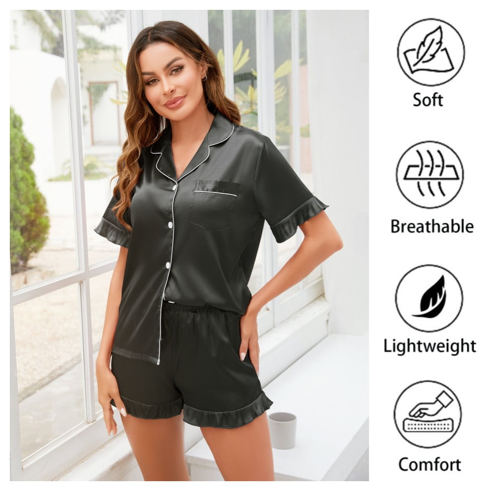Silk Satin Pajama Sets for Women Ruffle Short Sleeve Button Down Pajama ...