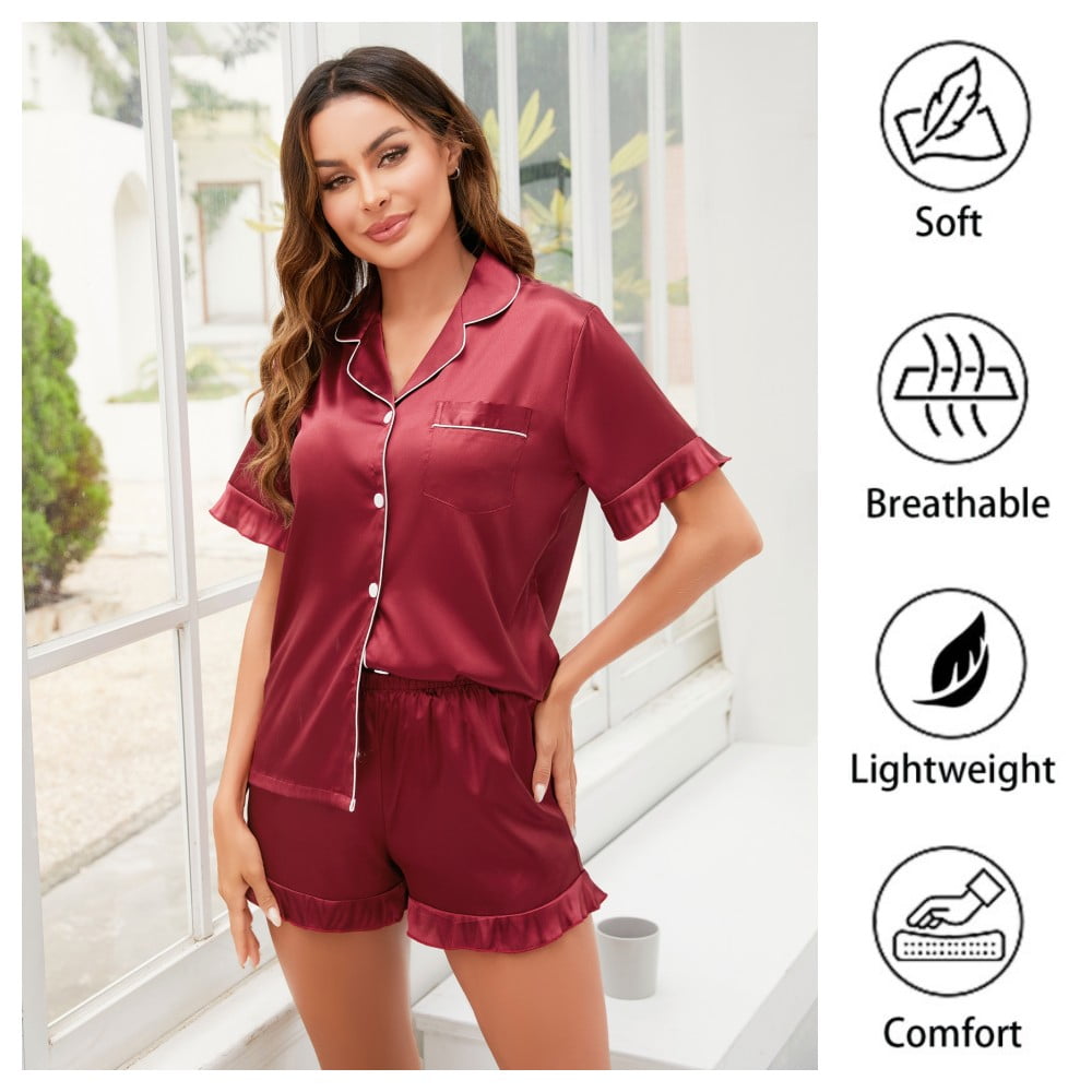 Silk Satin Pajama Sets for Women Ruffle Short Sleeve Button Down Pajama ...
