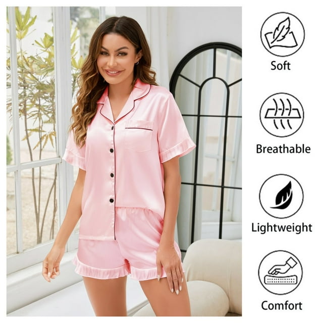 Silk Satin Pajama Sets for Women Ruffle Short Sleeve Button Down Pajama ...