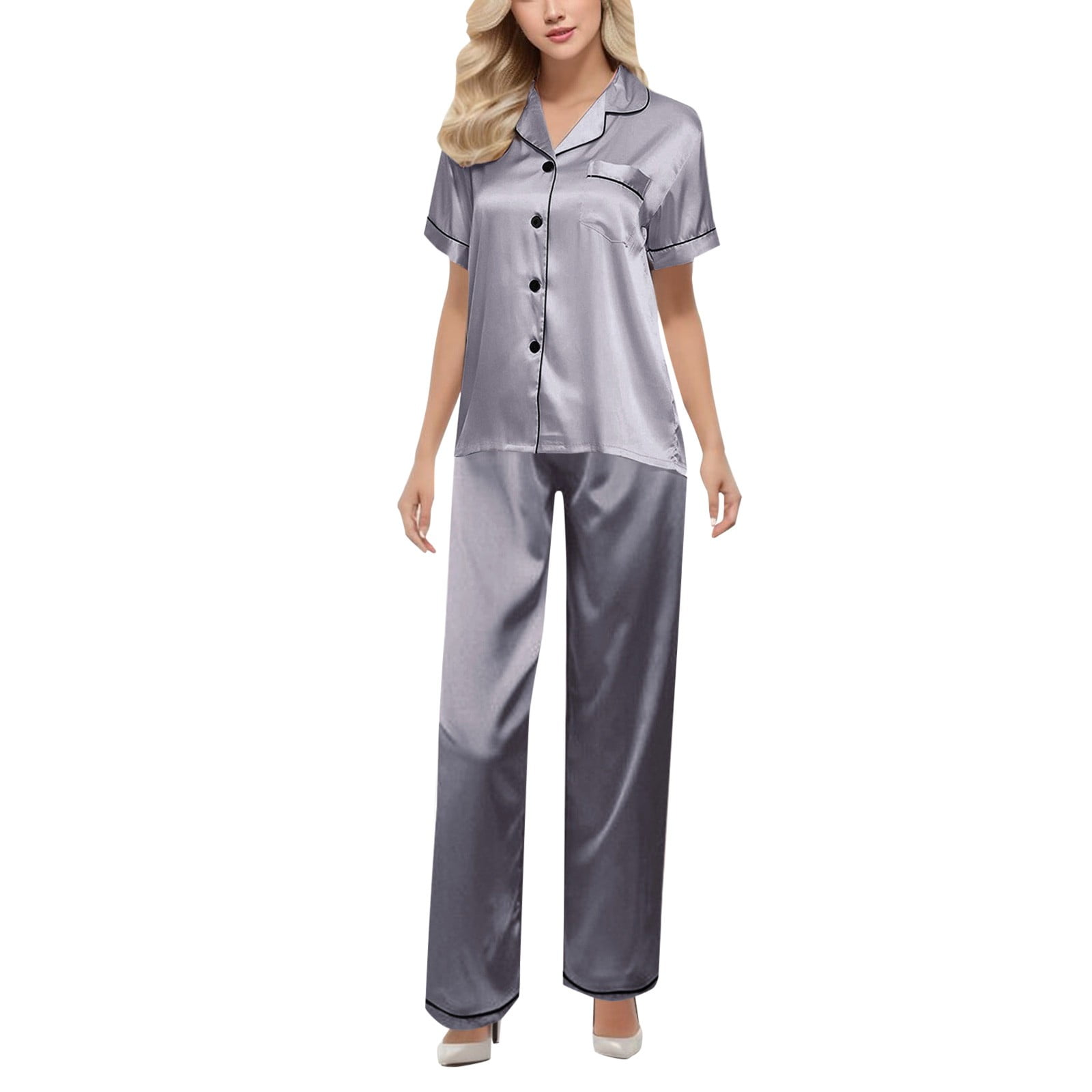 Silk Satin Pajamas Set Women Two-Piece Nightwear Short Sleeve Sleepwear ...