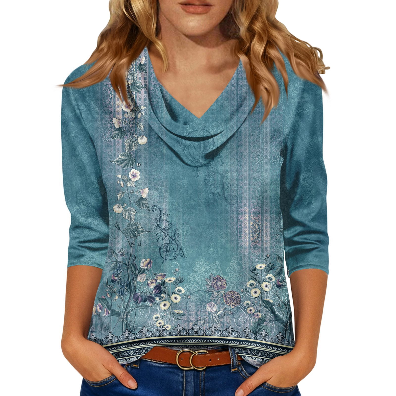 Silk Satin Tunic Tops for Women 3/4 Sleeve Cowl Neck Floral Print ...