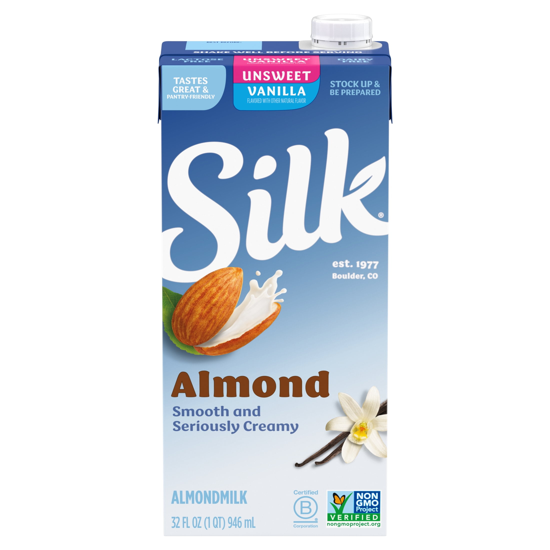 Silk Dairy-Free Unsweetened Vanilla Almond Milk, Shelf-Stable, 1 Quart ...